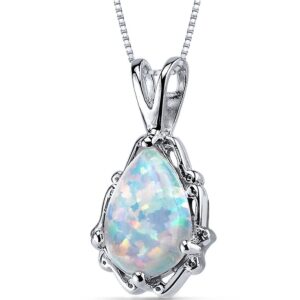 peora created white fire opal pendant necklace 925 sterling silver, solitaire teardrop, 1.50 carats pear shape 10x7mm with 18 inch chain