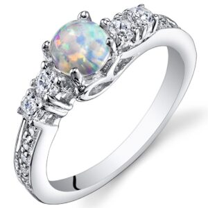 peora created white fire opal ring 925 sterling silver, sweetheart solitaire, round shape cabochon, comfort fit, size 8