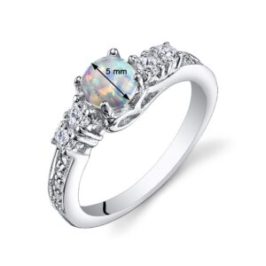 PEORA Created White Fire Opal Ring 925 Sterling Silver, Sweetheart Solitaire, Round Shape Cabochon, Comfort Fit, Size 8