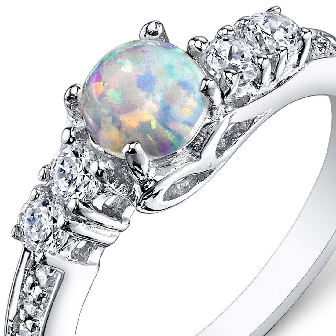 PEORA Created White Fire Opal Ring 925 Sterling Silver, Sweetheart Solitaire, Round Shape Cabochon, Comfort Fit, Size 8