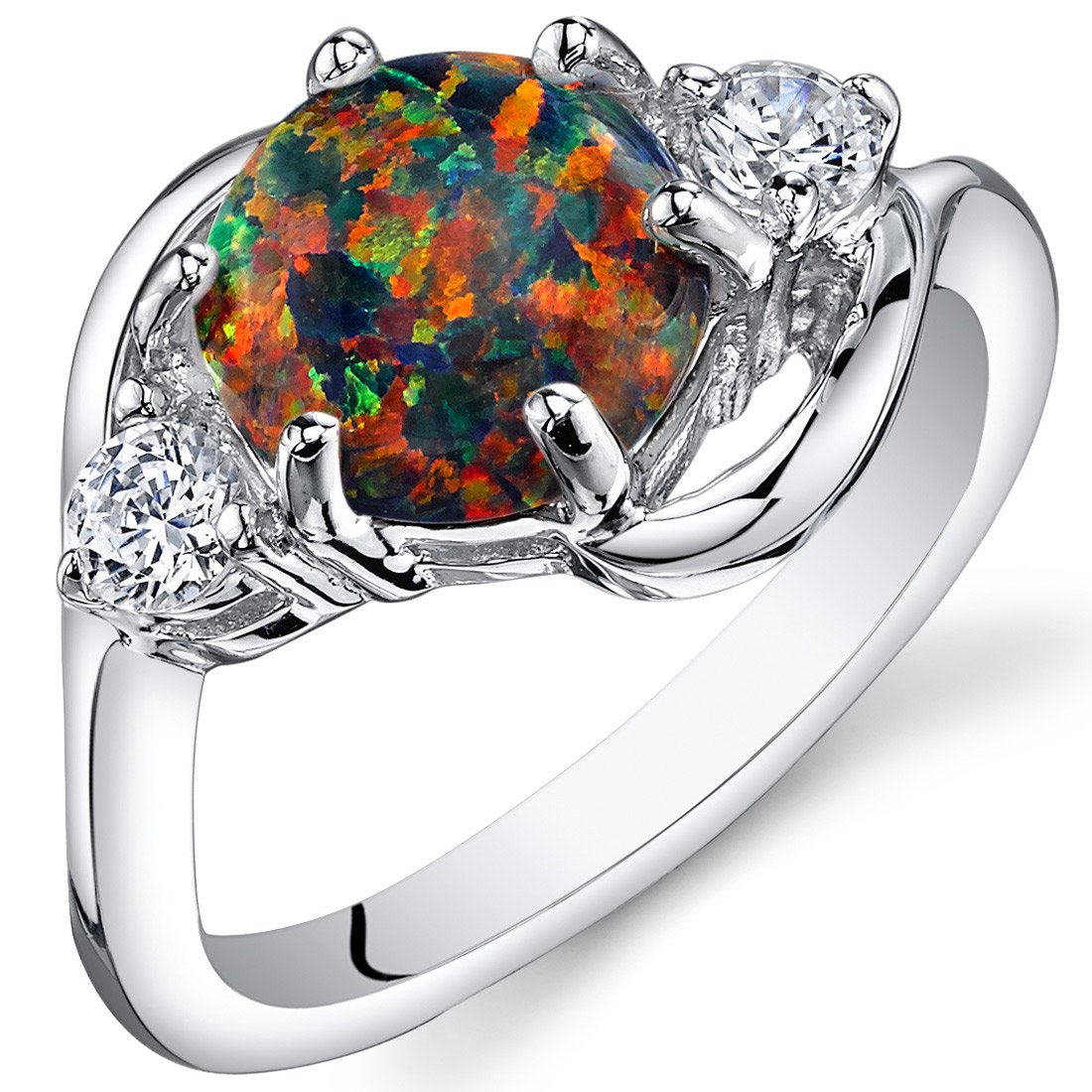 PEORA Created Black Fire Opal Ring for Women 925 Sterling Silver, Stunning Three Stone Design, 1.75 Carats Round Shape 8mm, Size 9