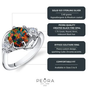 PEORA Created Black Fire Opal Ring for Women 925 Sterling Silver, Stunning Three Stone Design, 1.75 Carats Round Shape 8mm, Size 9