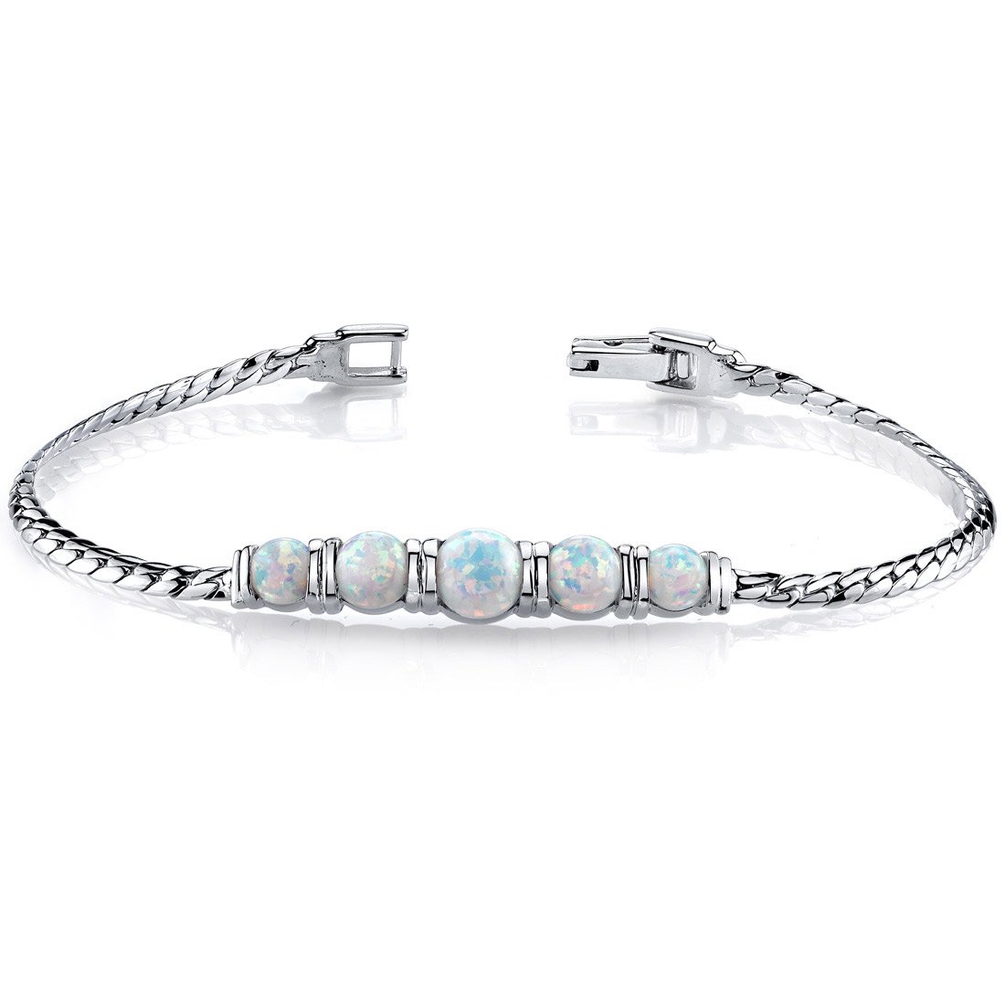 PEORA Created White Fire Opal 5-Stone Bracelet for Women 925 Sterling Silver, 3.75 Carats total Round Shape, 7 1/2 inch length