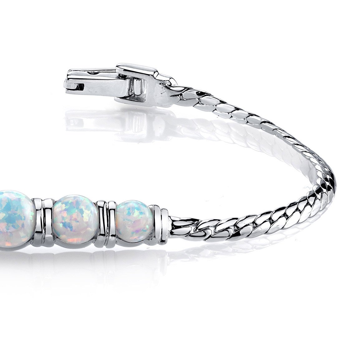 PEORA Created White Fire Opal 5-Stone Bracelet for Women 925 Sterling Silver, 3.75 Carats total Round Shape, 7 1/2 inch length