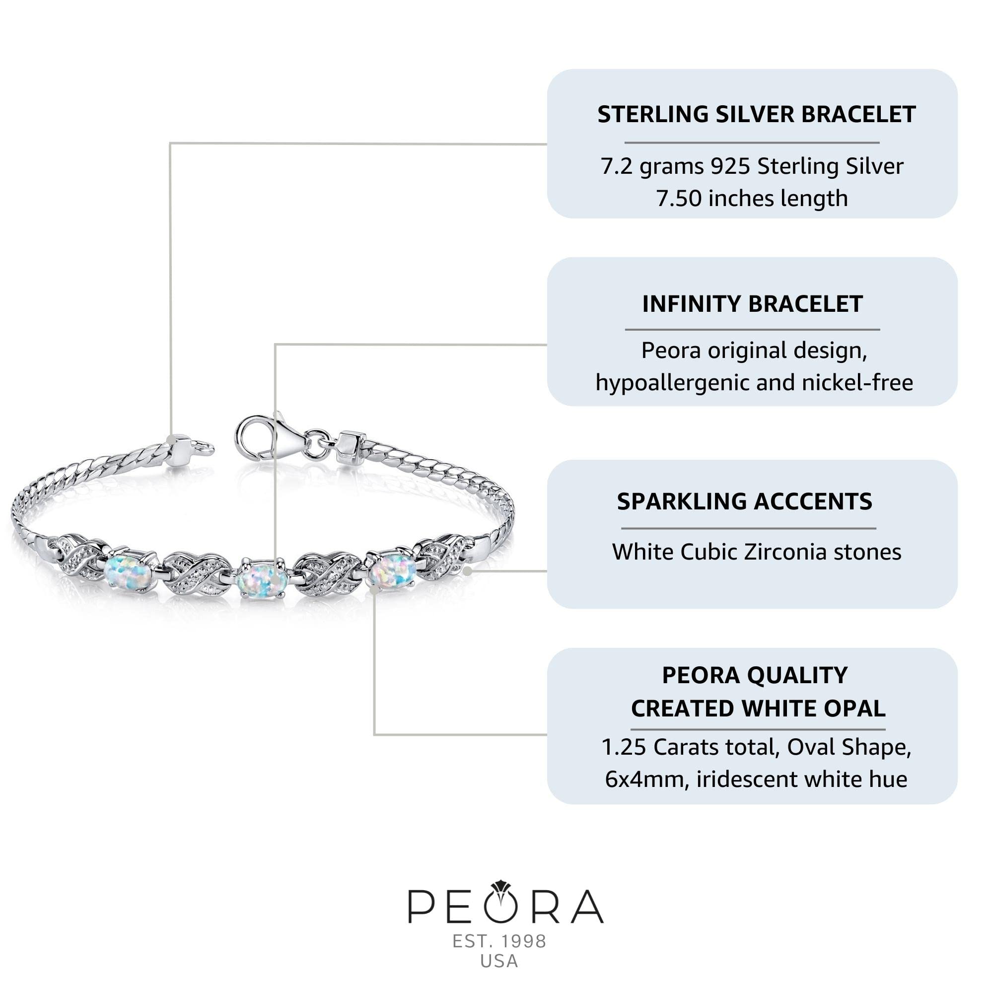 PEORA Created White Fire Opal Infinity Bracelet for Women 925 Sterling Silver, 1.25 Carats total, Oval Shape 6x4mm, 7.50 inch length