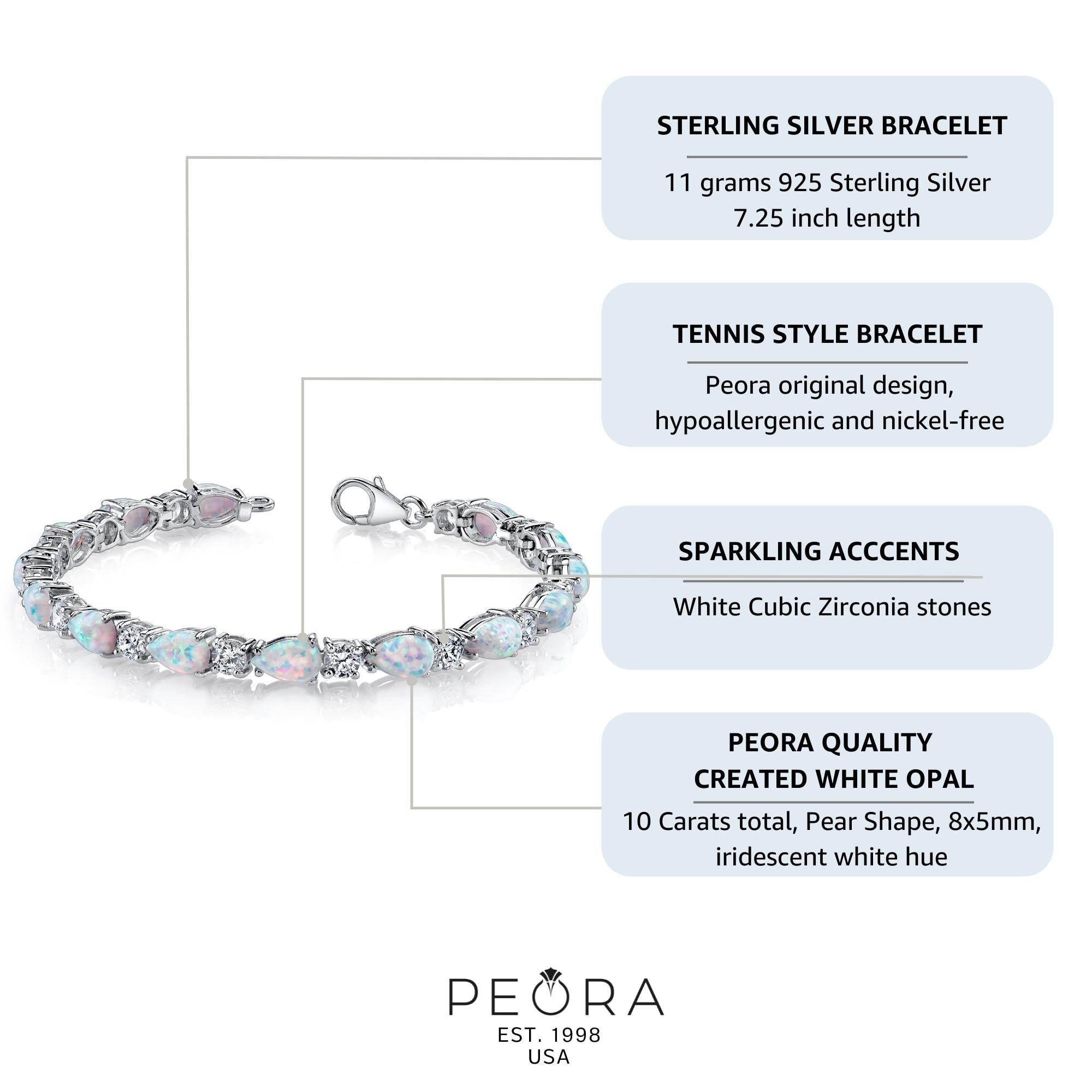 PEORA 10 Carats Created White Fire Opal Teardrop Tennis Bracelet for Women 925 Sterling Silver, Pear Shape 8x5mm, 7.25 inch length