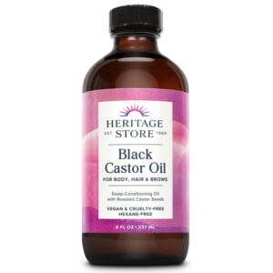 heritage store black castor oil, traditionally roasted, rich hydration for hair & skin, bold lashes & brows 8oz