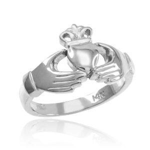 classic 14k white gold irish heart claddagh wedding engagement ring, size 4.25