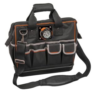 klein tools 55431 tool bag with molded bottom, padded shoulder strap and lighted tool storage with 31 pockets