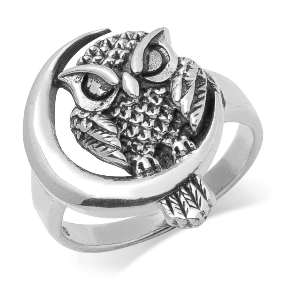 Sterling Silver Midnight Owl and Moon Ring - Size 7