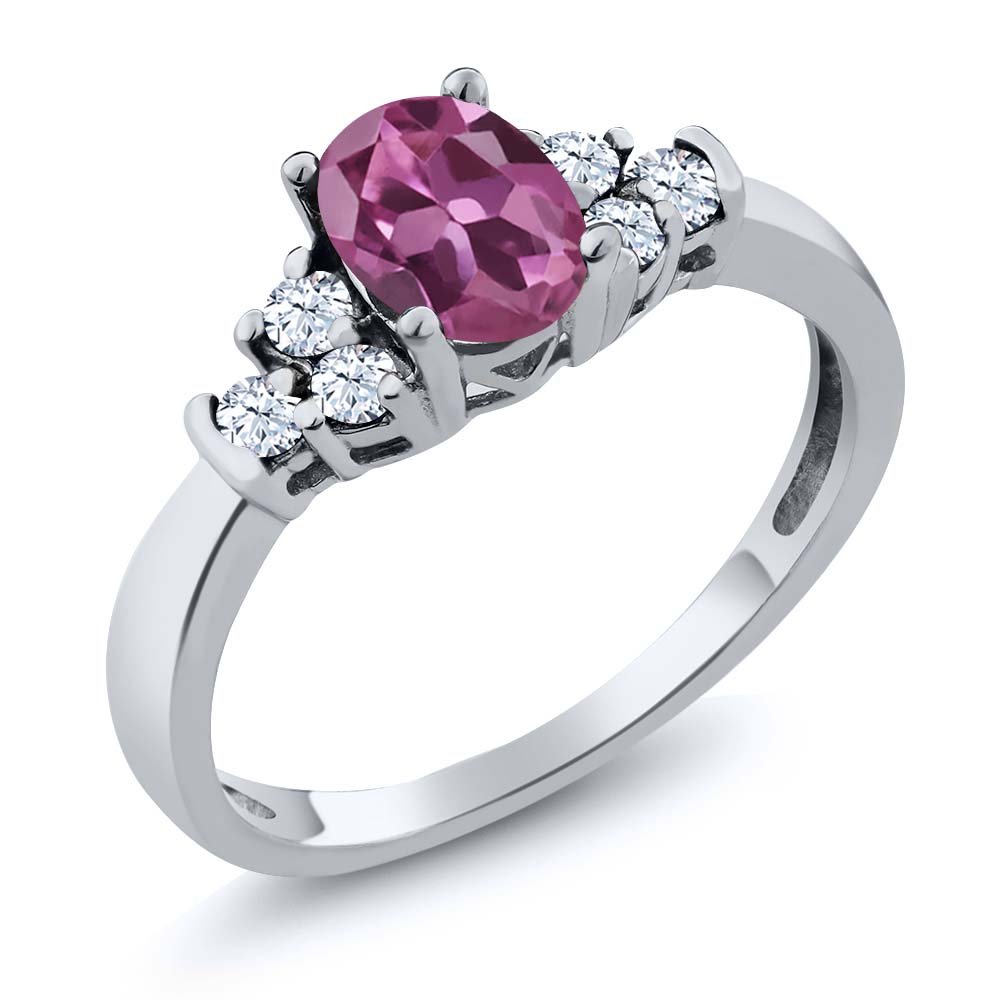 Gem Stone King 925 Sterling Silver Pink Tourmaline and White Topaz Engagement Ring For Women (0.74 Cttw, Gemstone Birthstone, Available In Size 5, 6, 7, 8, 9)