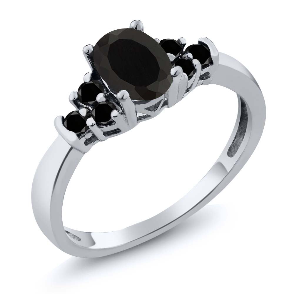 Gem Stone King 925 Sterling Silver Oval Black Onyx and Black Diamond Women's Bridal Wedding Ring (0.59 Cttw, Gemstone Birthstone, Available In Size 5, 6, 7, 8, 9)