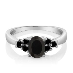 Gem Stone King 925 Sterling Silver Oval Black Onyx and Black Diamond Women's Bridal Wedding Ring (0.59 Cttw, Gemstone Birthstone, Available In Size 5, 6, 7, 8, 9)