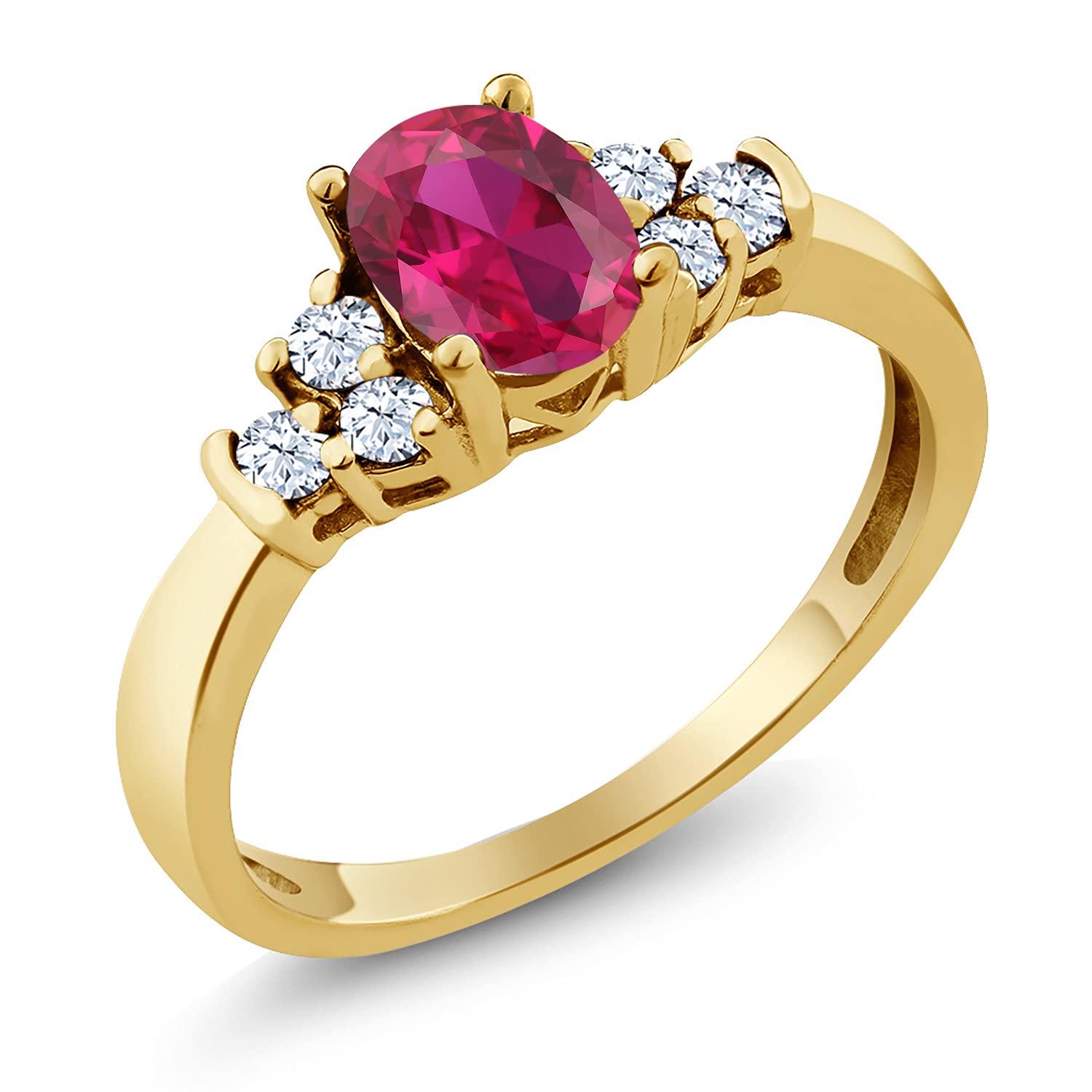 Gem Stone King 18K Yellow Gold Plated Silver Red Created Ruby and White Topaz Women Ring (0.74 Ct Oval, Available in size 5, 6, 7, 8, 9)