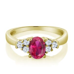 Gem Stone King 18K Yellow Gold Plated Silver Red Created Ruby and White Topaz Women Ring (0.74 Ct Oval, Available in size 5, 6, 7, 8, 9)