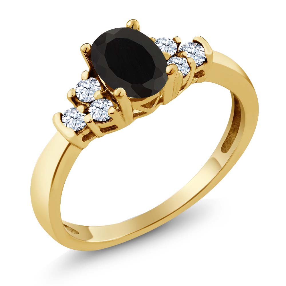 Gem Stone King 18K Yellow Gold Plated Silver Black Onyx and White Topaz Ring For Women (0.63 Cttw, Gemstone Birthstone, Available In Size 5, 6, 7, 8, 9)