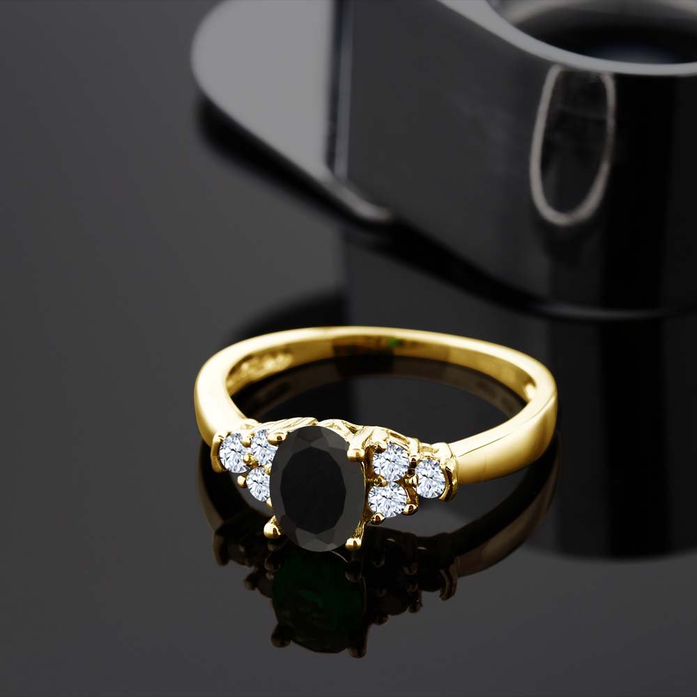 Gem Stone King 18K Yellow Gold Plated Silver Black Onyx and White Topaz Ring For Women (0.63 Cttw, Gemstone Birthstone, Available In Size 5, 6, 7, 8, 9)