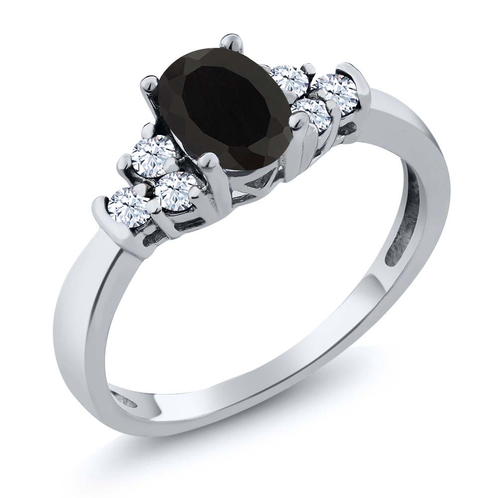 Gem Stone King 925 Sterling Silver Oval Black Onyx and White Topaz Ring For Women (0.63 Cttw, Gemstone Birthstone, Available In Size 5, 6, 7, 8, 9)