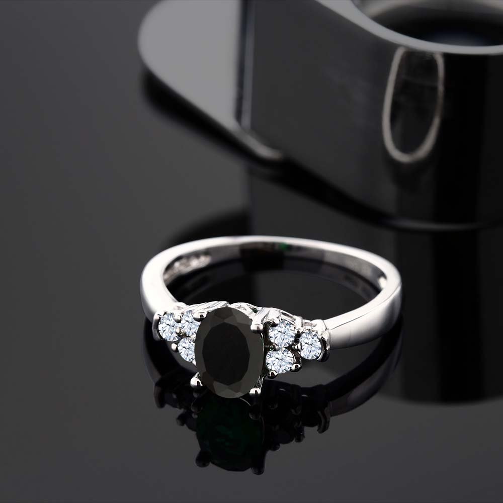 Gem Stone King 925 Sterling Silver Oval Black Onyx and White Topaz Ring For Women (0.63 Cttw, Gemstone Birthstone, Available In Size 5, 6, 7, 8, 9)