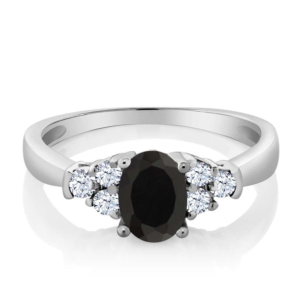 Gem Stone King 925 Sterling Silver Oval Black Onyx and White Topaz Ring For Women (0.63 Cttw, Gemstone Birthstone, Available In Size 5, 6, 7, 8, 9)