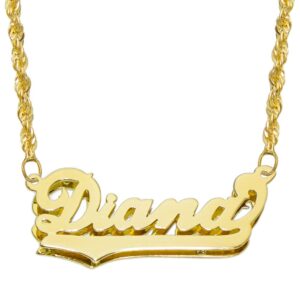 pyramid jewelry 14k yellow gold personalized double plate 3d name necklace - style 4 (16 inches, hollow rope chain)