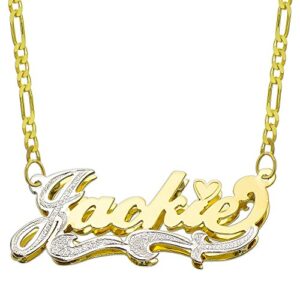 pyramid jewelry 14k two tone gold personalized double plate 3d name necklace - style 2 (16 inches, light figaro chain)