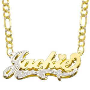 win jewelry 14k two tone gold personalized double plate 3d name necklace - style 2 (18 inches, white pave figaro chain)