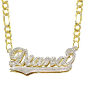 pyramid jewelry 14k two tone gold personalized double plate 3d name necklace - style 3 (20 inches, white pave figaro chain)