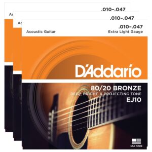 3 packs of d'addario ej10 bronze acoustic guitar strings, extra light, 10-47