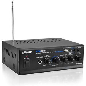 pyle bluetooth mini blue series home audio amplifier - compact desktop home theater-stereo amplifier receiver with usb charge port - pager & mixer karaoke modes - mic input (40 watt x 2) - pta22bt