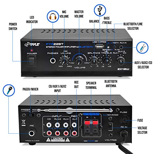 Pyle Bluetooth Mini Blue Series Home Audio Amplifier - Compact Desktop Home Theater-Stereo Amplifier Receiver with USB Charge Port - Pager & Mixer Karaoke Modes - Mic Input (40 Watt x 2) - PTA22BT