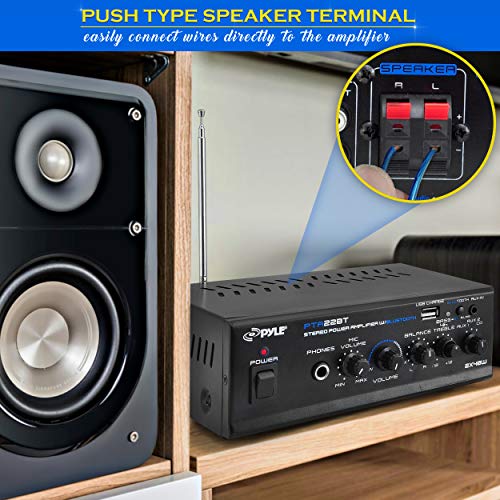 Pyle Bluetooth Mini Blue Series Home Audio Amplifier - Compact Desktop Home Theater-Stereo Amplifier Receiver with USB Charge Port - Pager & Mixer Karaoke Modes - Mic Input (40 Watt x 2) - PTA22BT