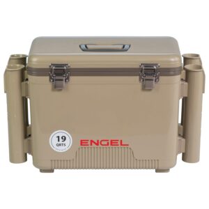 engel uc19 19qt leak-proof, air tight, fishing drybox cooler with built-in fishing rod holders, also makes the perfect small hard shell lunchbox for men and women in tan