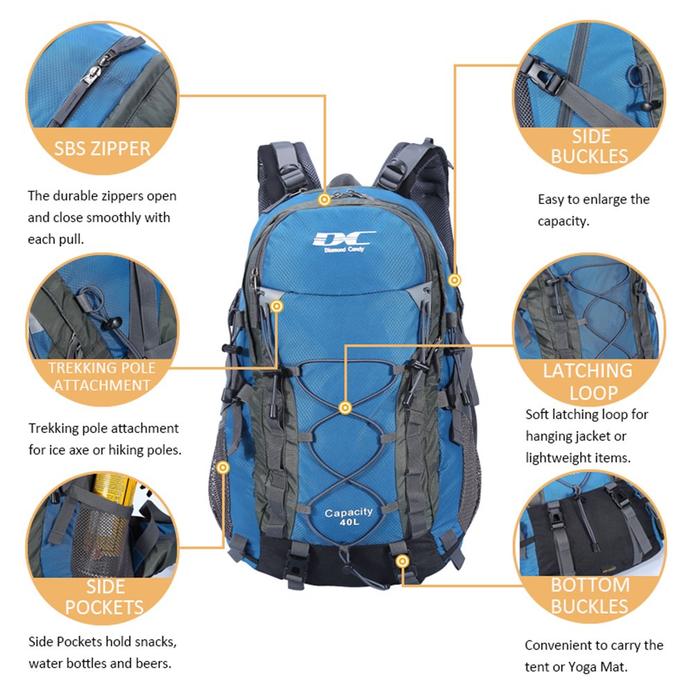 Diamond Candy Waterproof Hiking Backpack for Men and Women, Lightweight Day Pack for Travel Camping, Blue, 40L