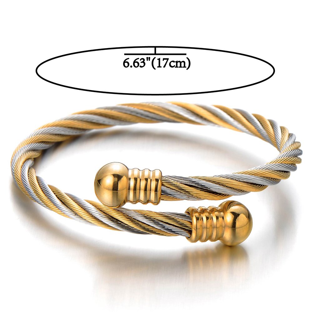 COOLSTEELANDBEYOND Elastic Adjustable Steel Twisted Cable Cuff Bangle Bracelet for Mens for Women Silver Gold Two-tone