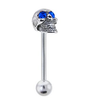 Blue Eyes Stainless Steel Skull Head Barbell Tongue Ring Body Piercing Jewelry bar Rings - 14g