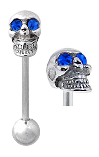 Blue Eyes Stainless Steel Skull Head Barbell Tongue Ring Body Piercing Jewelry bar Rings - 14g