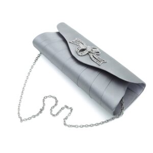 trendsblue elegant satin flap rhinestones flower ribbon clutch evening bag, grey