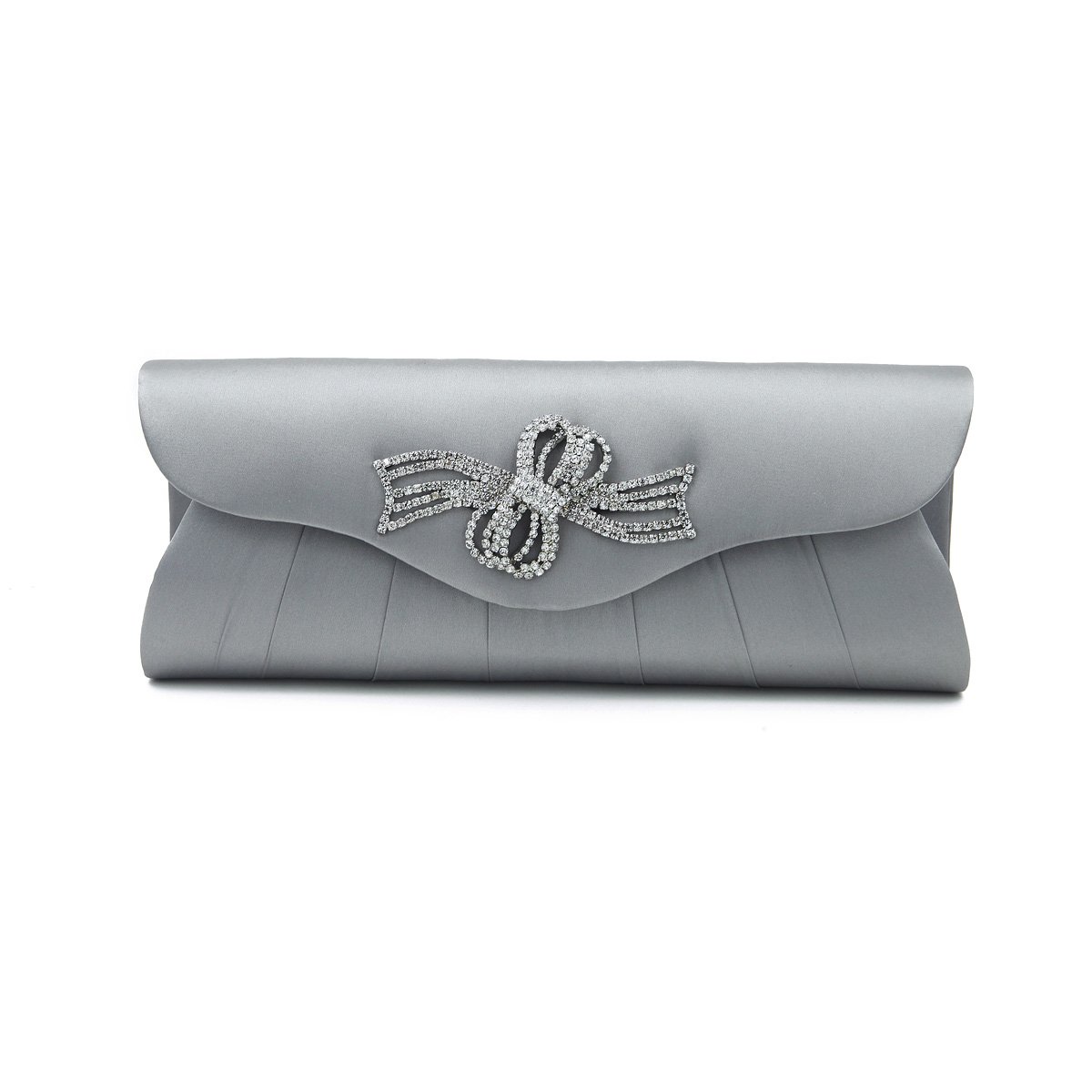 TrendsBlue Elegant Satin Flap Rhinestones Flower Ribbon Clutch Evening Bag, Grey