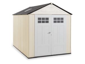 rubbermaid resin outdoor storage shed with floor (7 x 10.5 ft), weather resistant, beige/white, organization for home/backyard/garden tools/lawn mower/bike storage/pool supplies