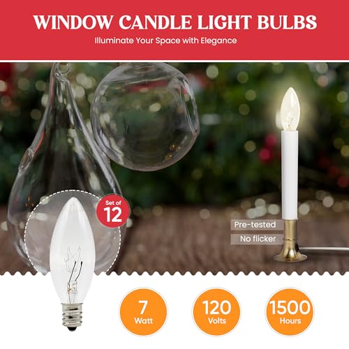 Creative Hobbies® Replacement Light Bulbs for Electric Candle Lamps, Window Candles, & Chandeliers - 7 Watt Candelabra (E12), Clear, Steady Burning, 120v 7w Bulb - Pack of 12