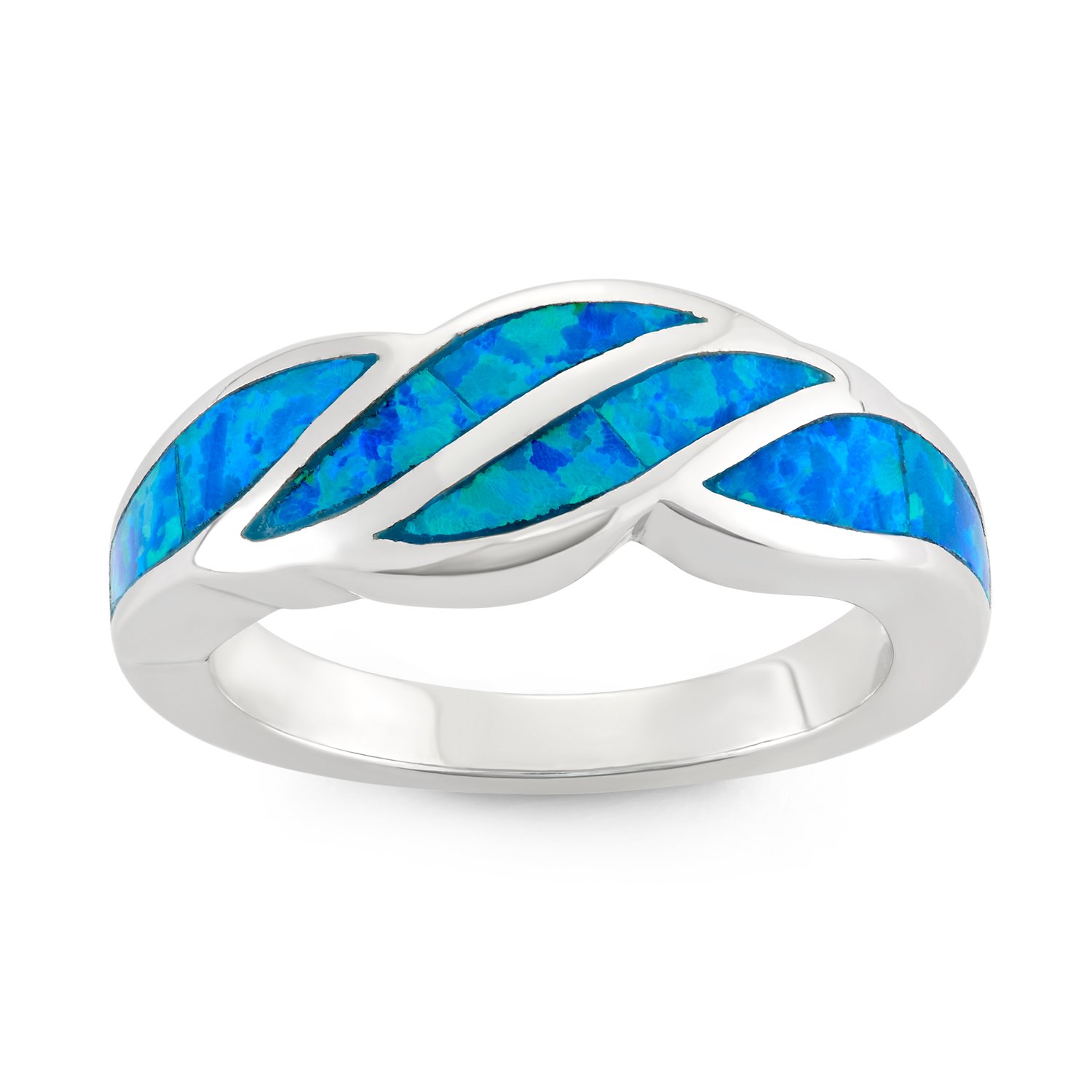 Beaux Bijoux Sterling Silver Created Opal Ring for Women | Simulated Blue Opal Gemstone Band Ring | Fine Stackable Silver Band Ring Band