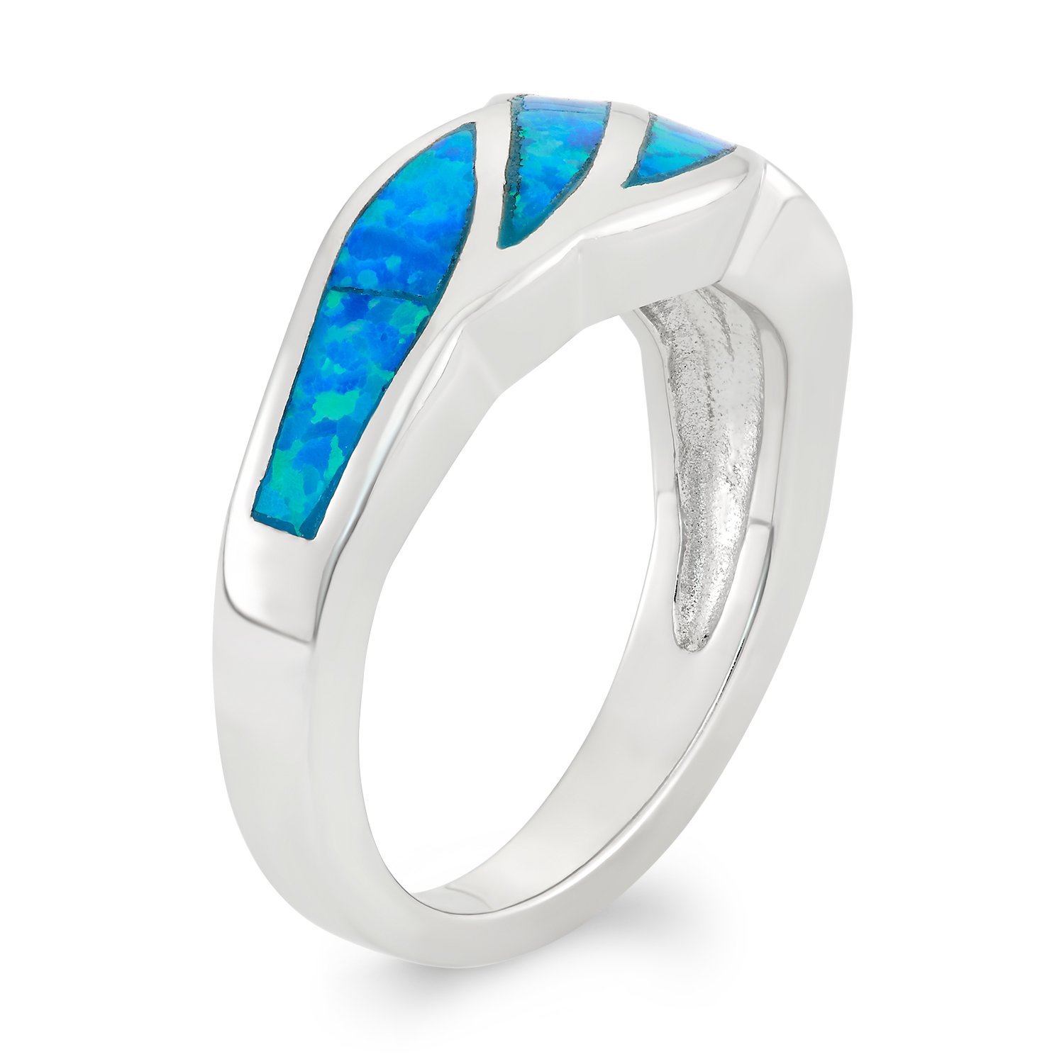 Beaux Bijoux Sterling Silver Created Opal Ring for Women | Simulated Blue Opal Gemstone Band Ring | Fine Stackable Silver Band Ring Band