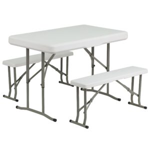 flash furniture rowan 3 piece portable plastic folding bench and table set,granite white