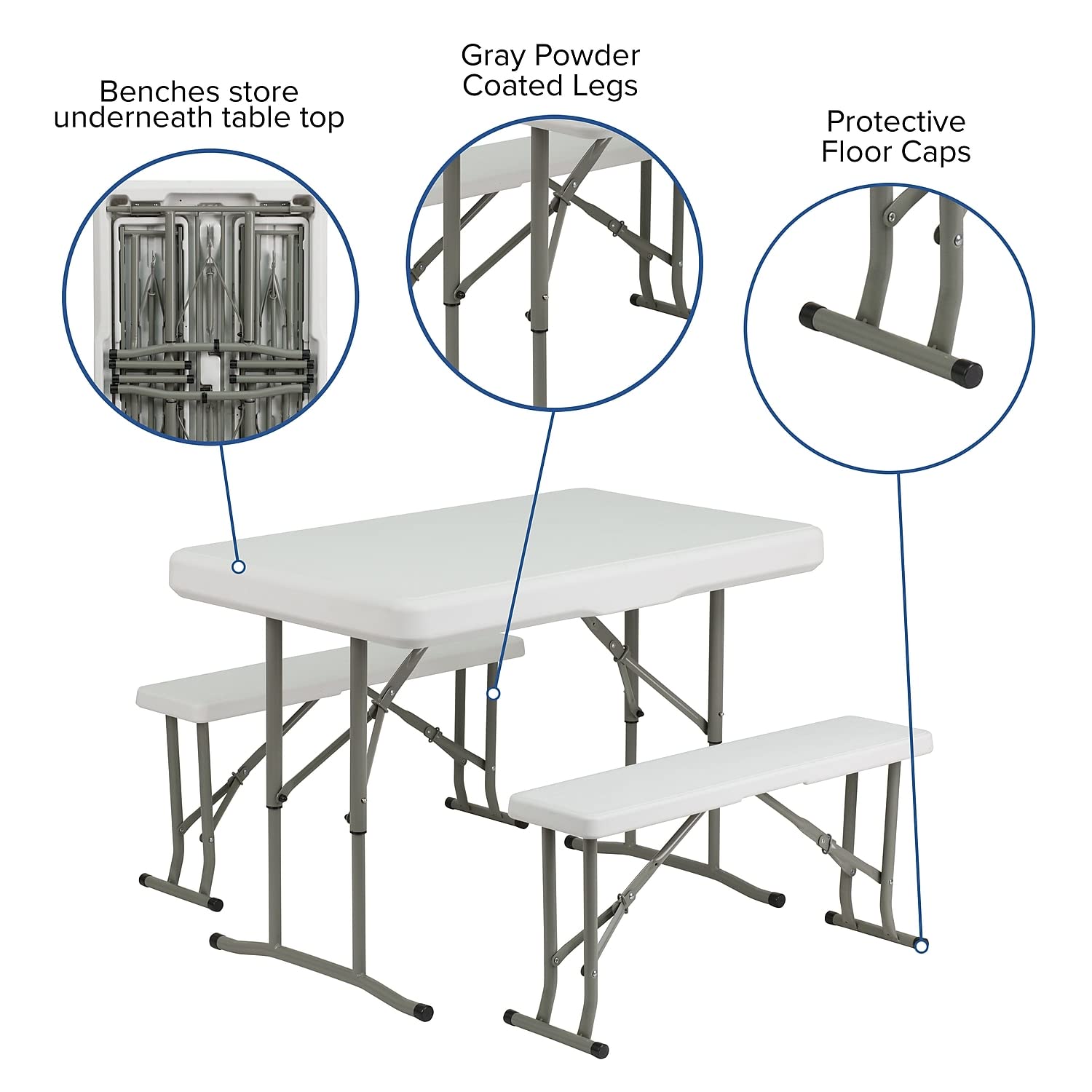 Flash Furniture Rowan 3 Piece Portable Plastic Folding Bench and Table Set,Granite White