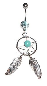 316l surgical steel silver and baby blue in color 14 gauge dream catcher belly ring