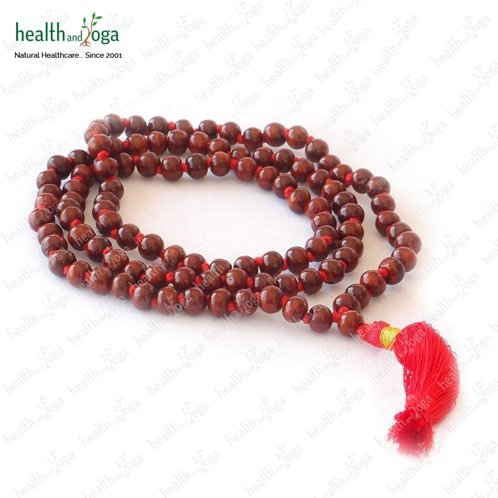 HealthAndYoga™ Rose Wood Mala (108 + 1 Beads with Tassel) & Velvet Bag - Hand Knotted Rosary for Mantra Chanting, Meditation - Invokes Vitality & Courage, Improves Skin Health, Influences Heart Chakra