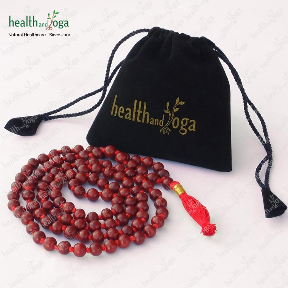 HealthAndYoga™ Rose Wood Mala (108 + 1 Beads with Tassel) & Velvet Bag - Hand Knotted Rosary for Mantra Chanting, Meditation - Invokes Vitality & Courage, Improves Skin Health, Influences Heart Chakra