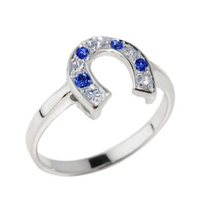 fine 925 sterling silver blue and white cz lucky horseshoe ring (size 8)