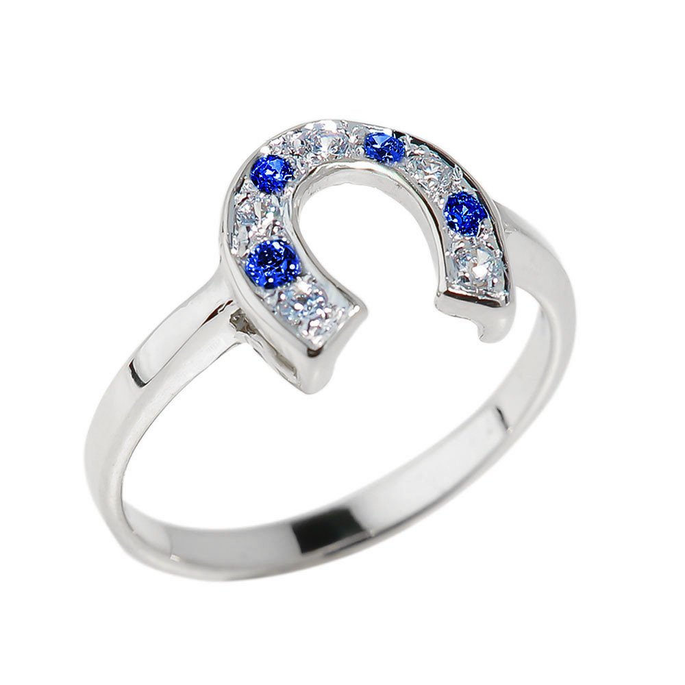 Fine 925 Sterling Silver Blue and White CZ Lucky Horseshoe Ring (Size 8)